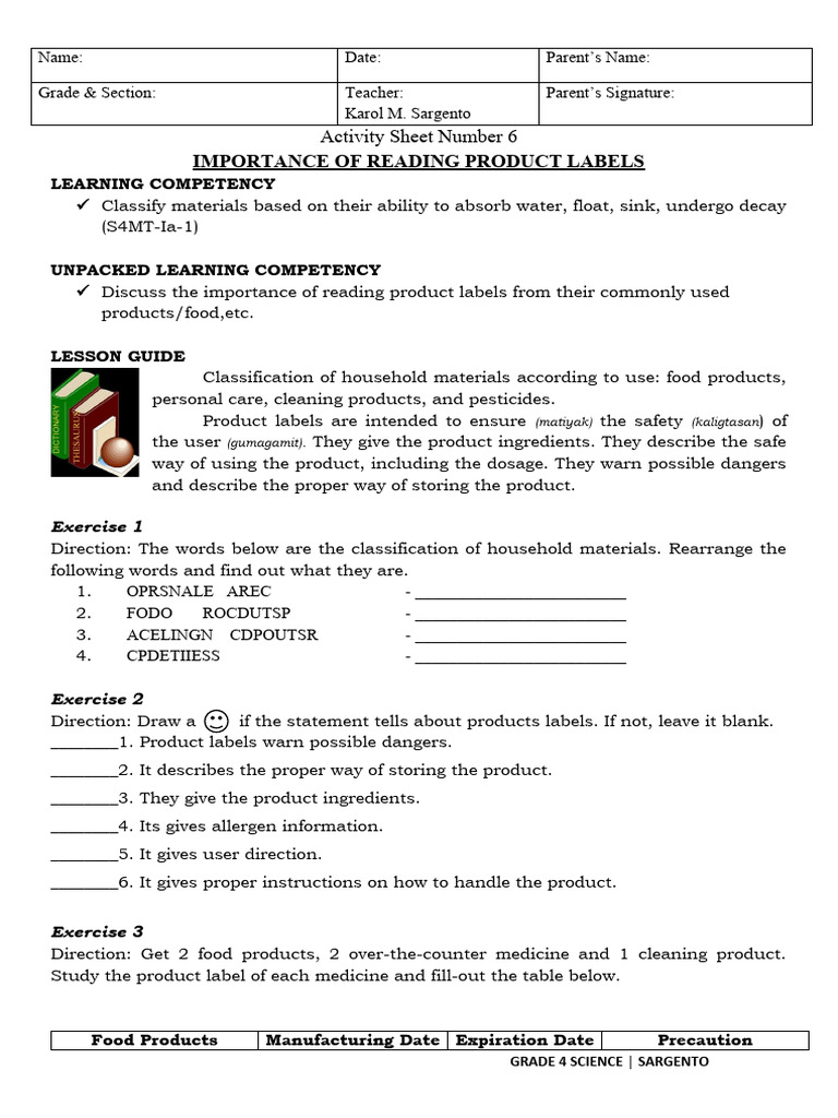 Quarter 1 Science 4 Activity Sheet No. 6 | PDF | Food And Drink