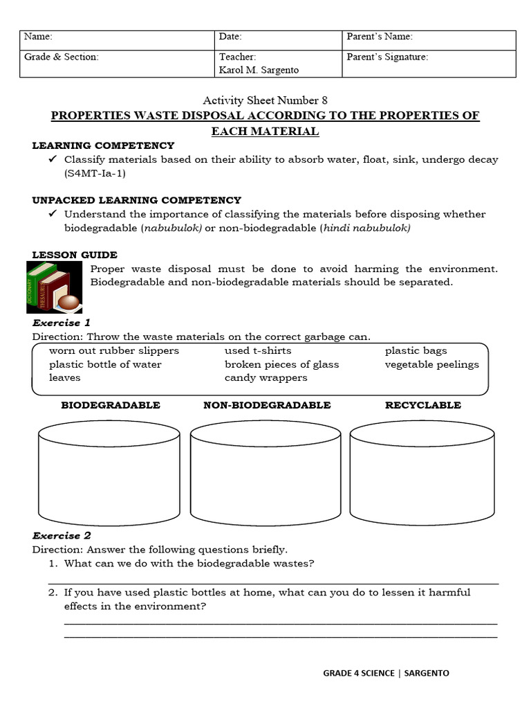 Quarter 1 Science 4 Activity Sheet No. 8 | PDF | Biodegradation | Plastic