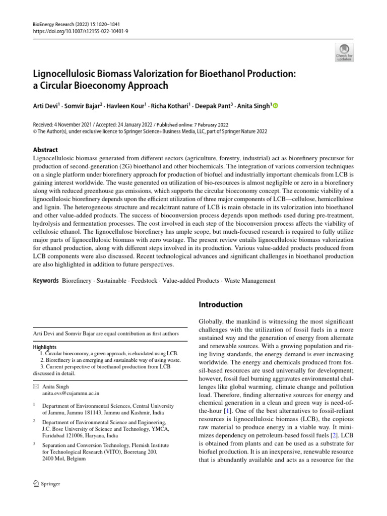 Lignocellulosic Biomass Valorization For Bioethanol Production A Circular Bioeconomy Approach | PDF