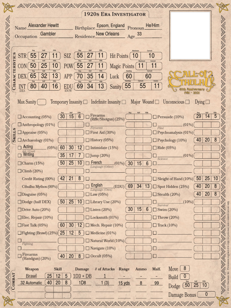 Alexander Hewitt - English Gambler (CoC) | PDF