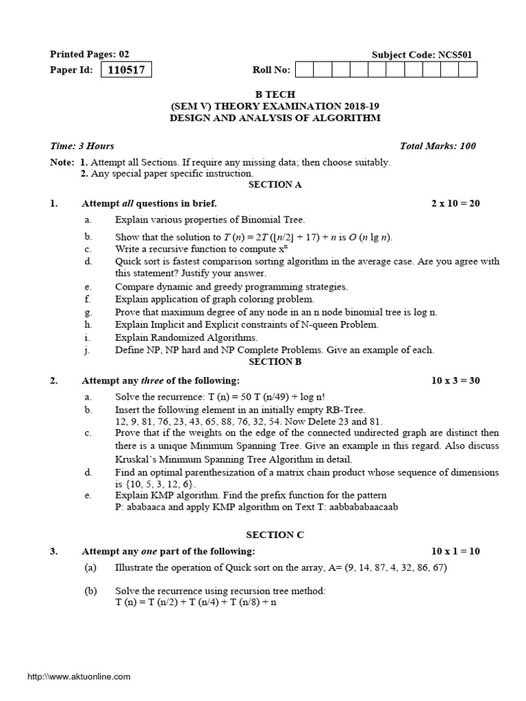 Btech Cs 5 Sem Design and Analysis of Algorithm ncs501 2019 | PDF Btech Cs 5 Sem Design and Analysis of Algorithm ncs501 2019 | PDF