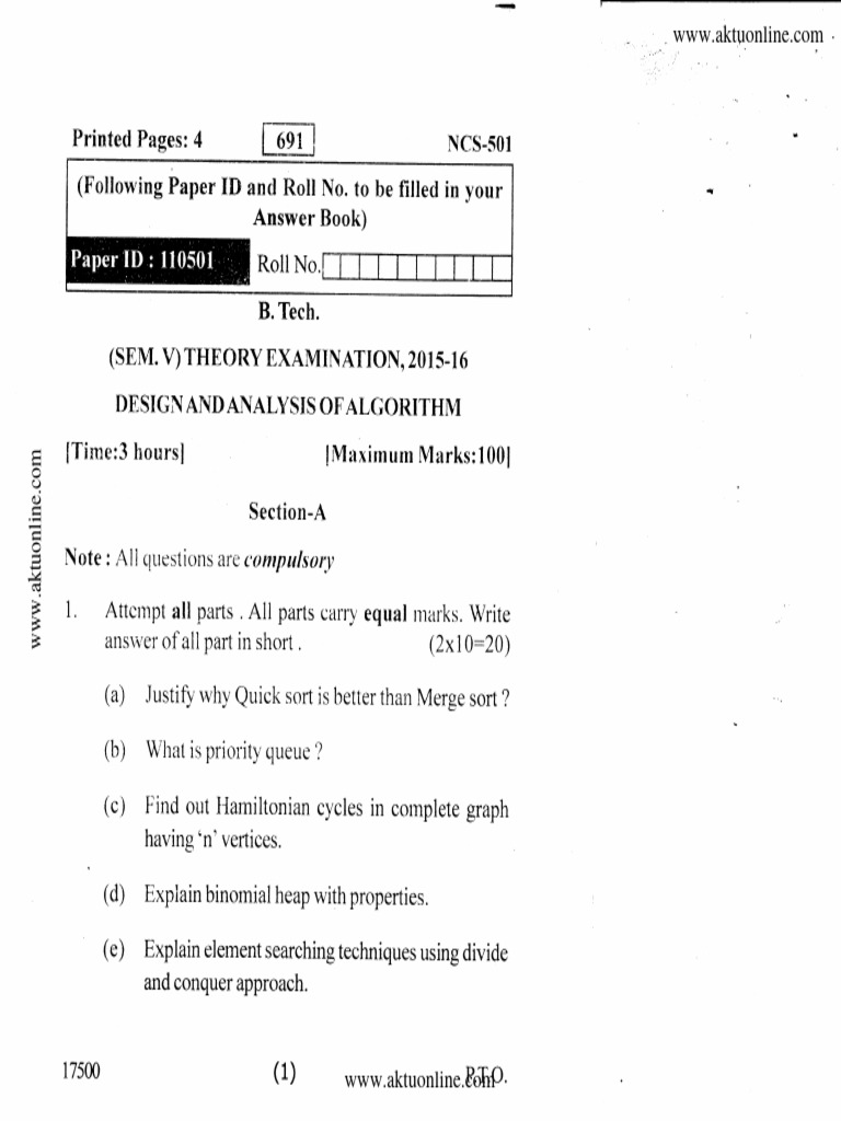Btech Cs 5 Sem Design and Analysis of Algorithm Ncs 501 2016 | PDF