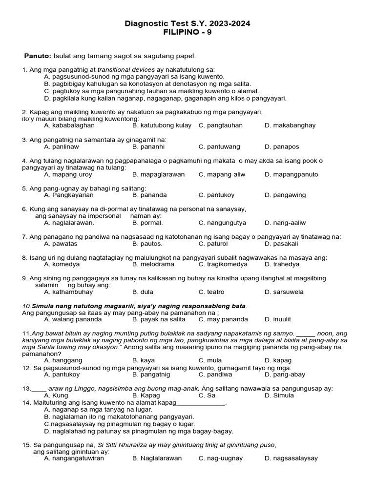 Diagnostic Test for Filipino 9 | PDF