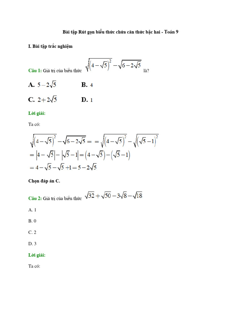 50 Bai Tap Rut Gon Bieu Thuc Chua Can Thuc Bac Hai Toan 9 Moi Nhat | PDF