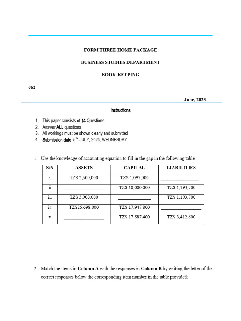 Form Three Business Studies Bookkeeping Exam | PDF | Debits And Credits ...