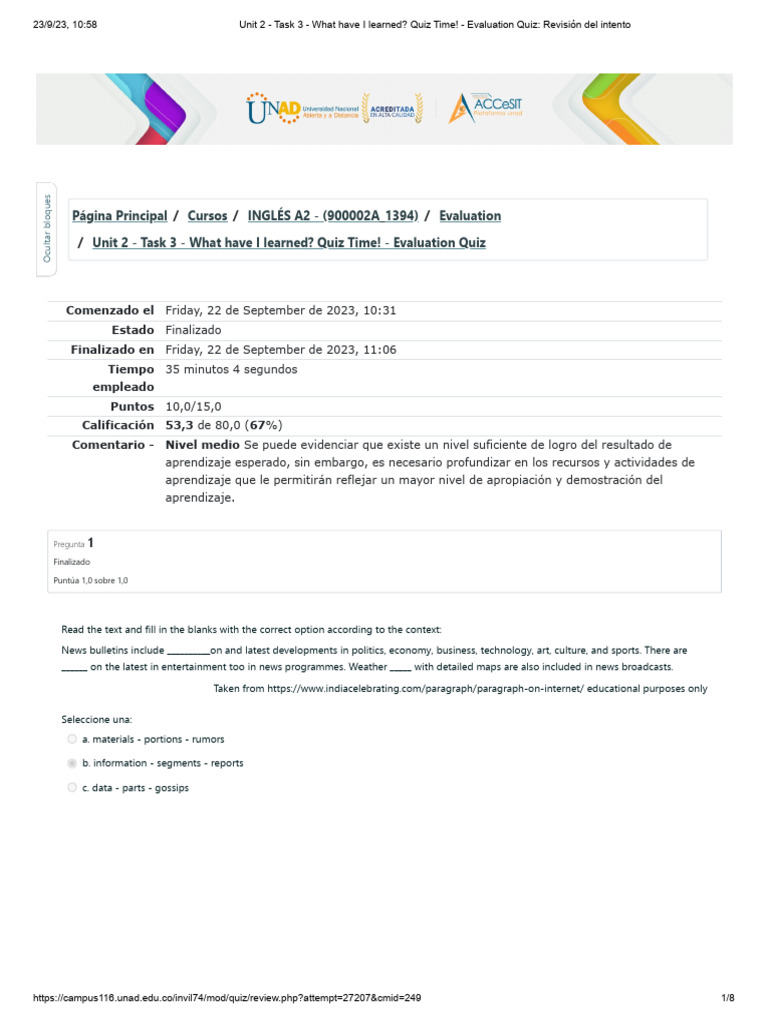 Unit 2 - Task 3 - What Have I Learned - Quiz Time! - Evaluation Quiz - Revisión Del Intento ...