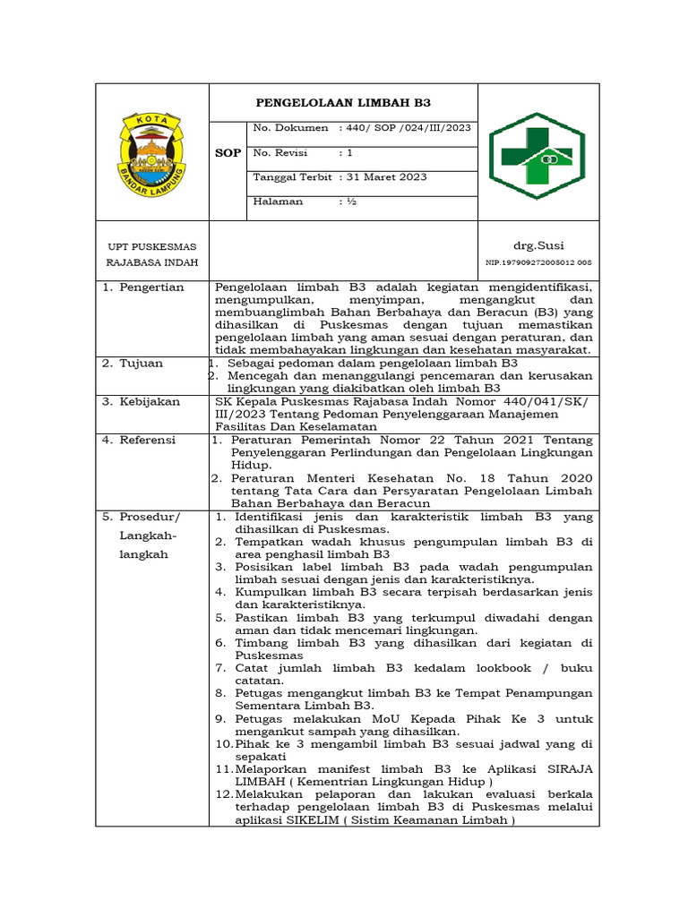 Sop Pengelolaan Limbah B3 | PDF