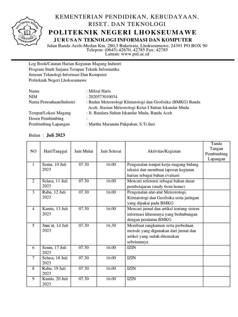Logbook Kegiatan PKL BMKG tahun 2023 | PDF