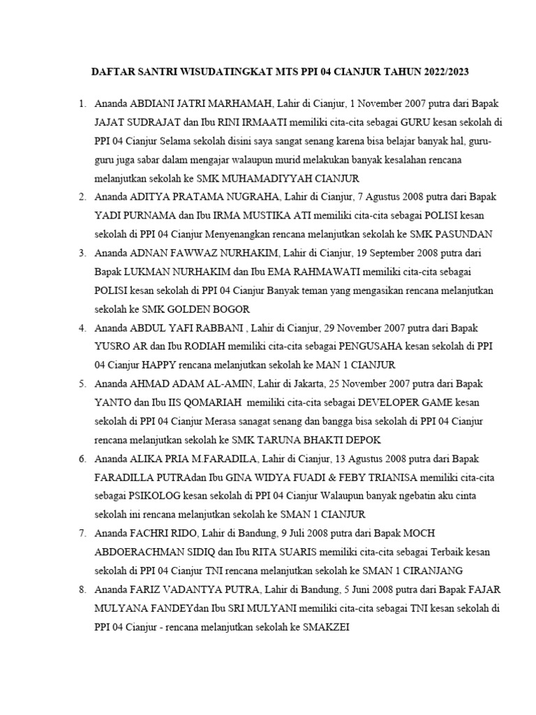 Daftar Santri Wisudatingkat MTS Ppi 04 Cianjur Tahun 2022 | PDF