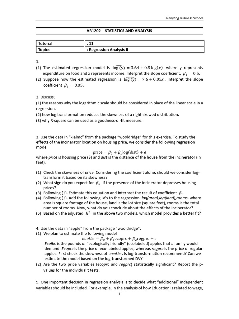 Tutorial 11 - Questions | PDF | Regression Analysis | Dependent And Independent Variables
