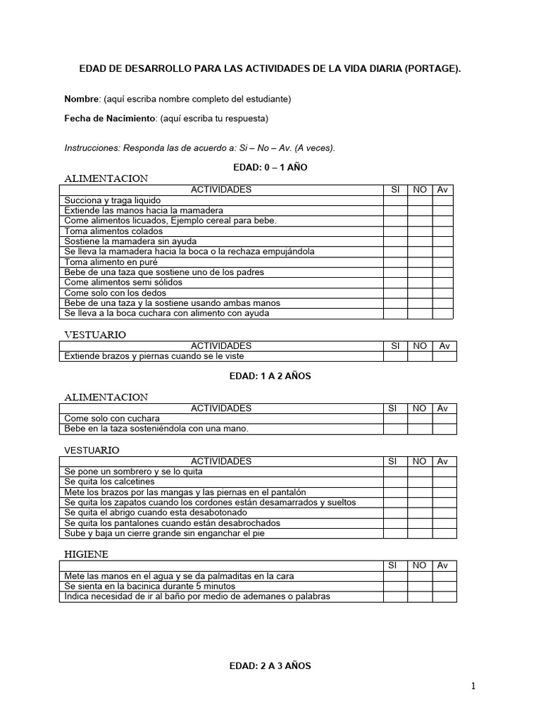 AVD Portage. | PDF | Relaciones personales, crianza y desarrollo personal