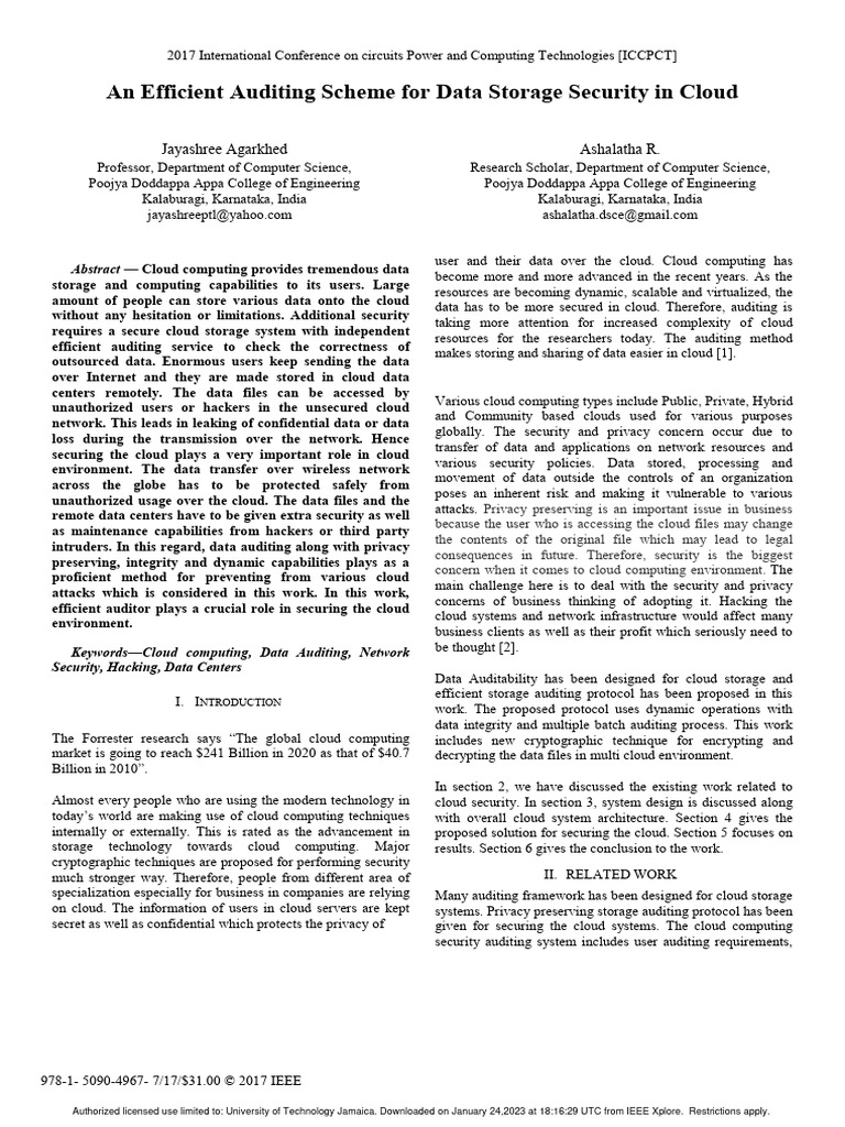 An Efficient Auditing Scheme For Data Storage Security In Cloud Pdf