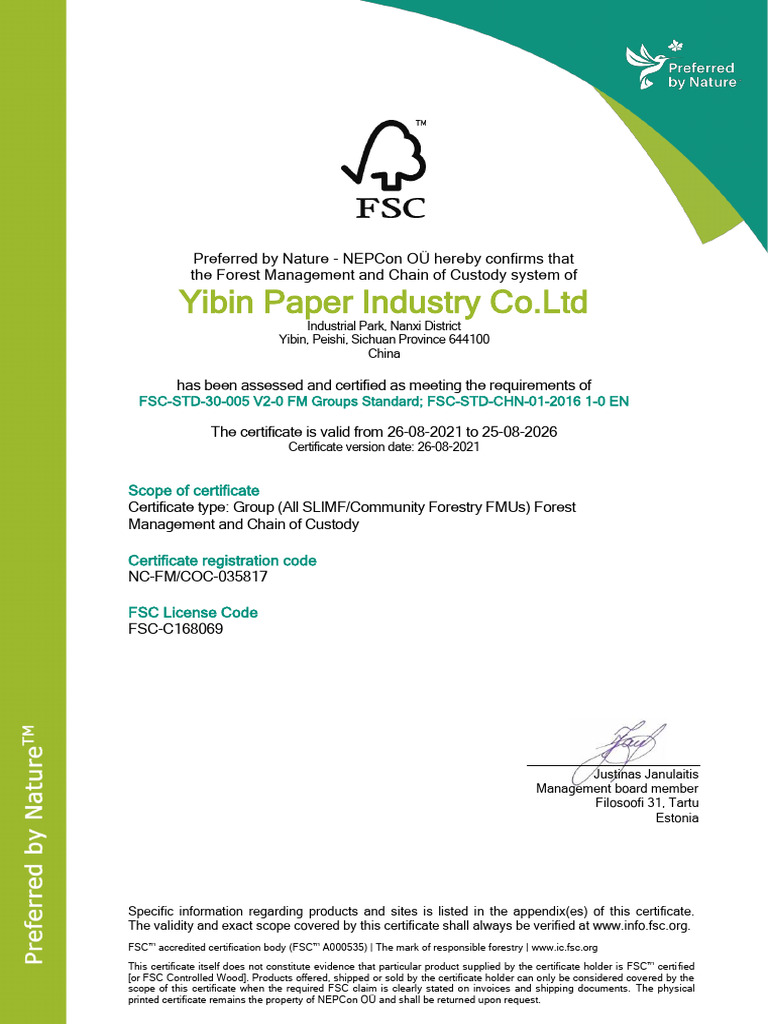 Yibin Paper FSC FM Certificate | PDF