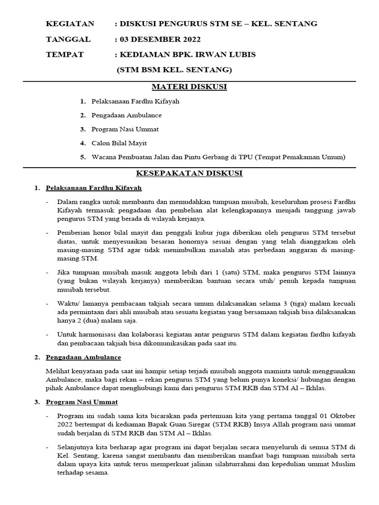 Diskusi Pengurusan STM Se - Kelurahan Sentang | PDF