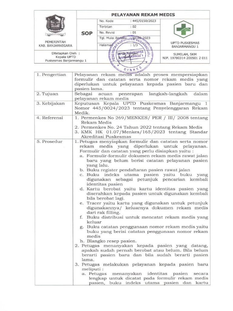 Sop Pelayanan Rekam Medis | PDF