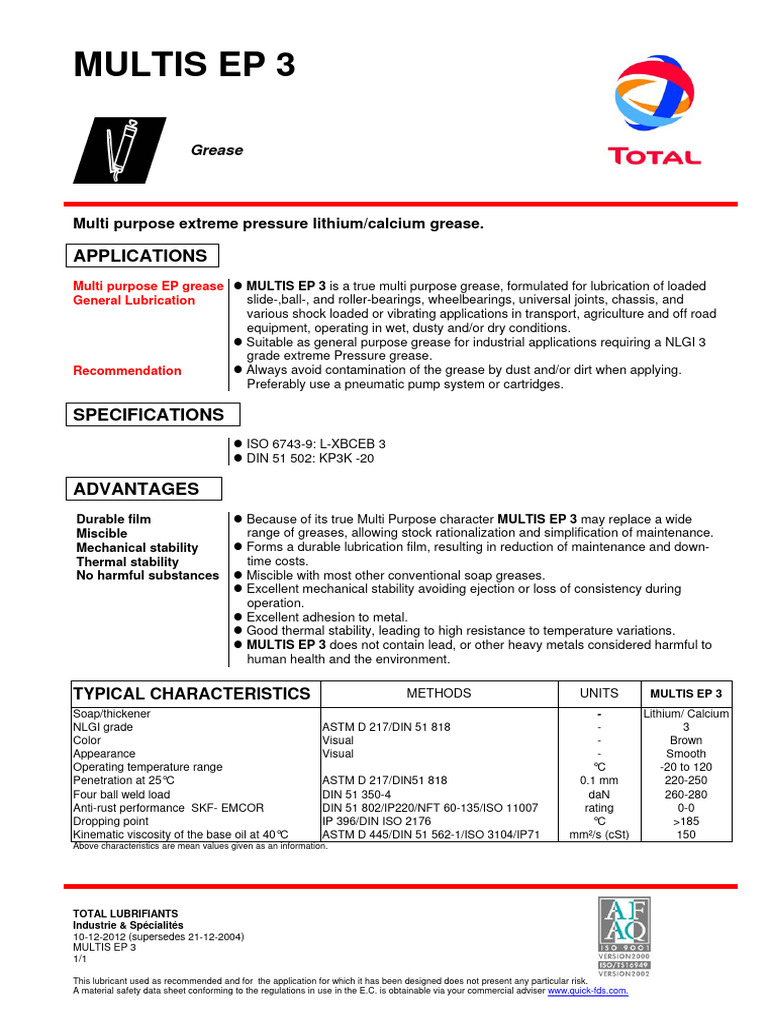 Multi Purpose EP Grease: MULTIS EP 3 | PDF | Physical Sciences | Building Engineering