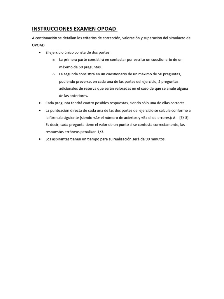Instrucciones Examen Opoad y Aipen | PDF