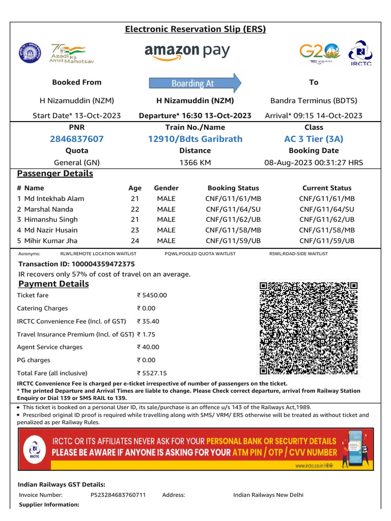 Train Ticket Booking Details and Charges | PDF | Identity Document ...