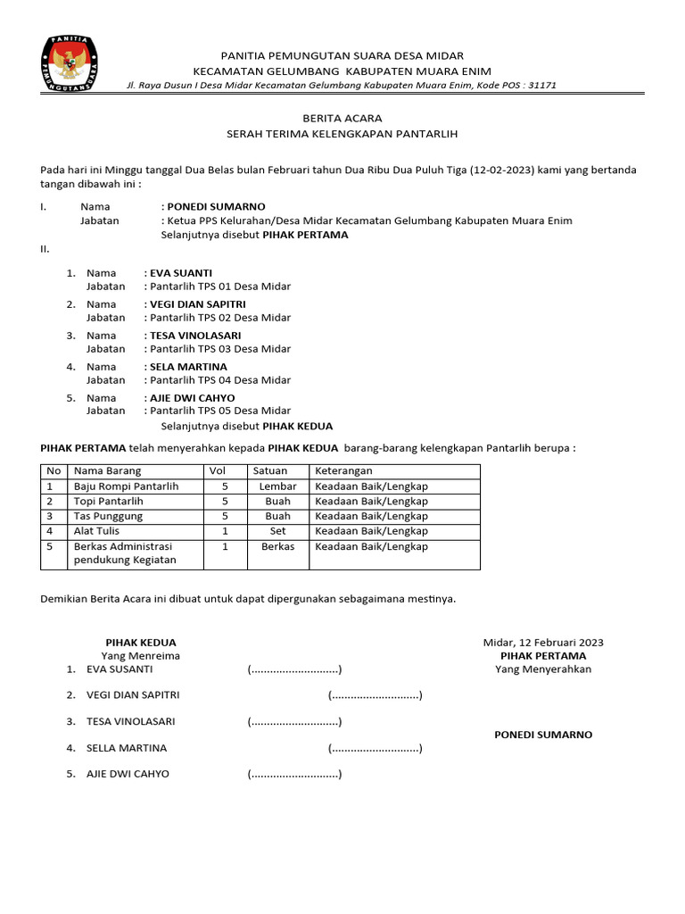 Serah Terima Pantarlih Desa Midar | PDF