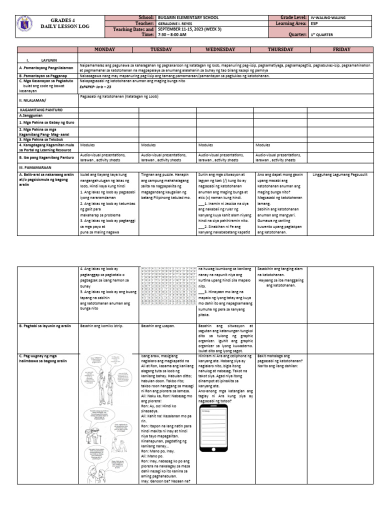 WLP - Esp 4 - Q1 - W3 | PDF | Philippines