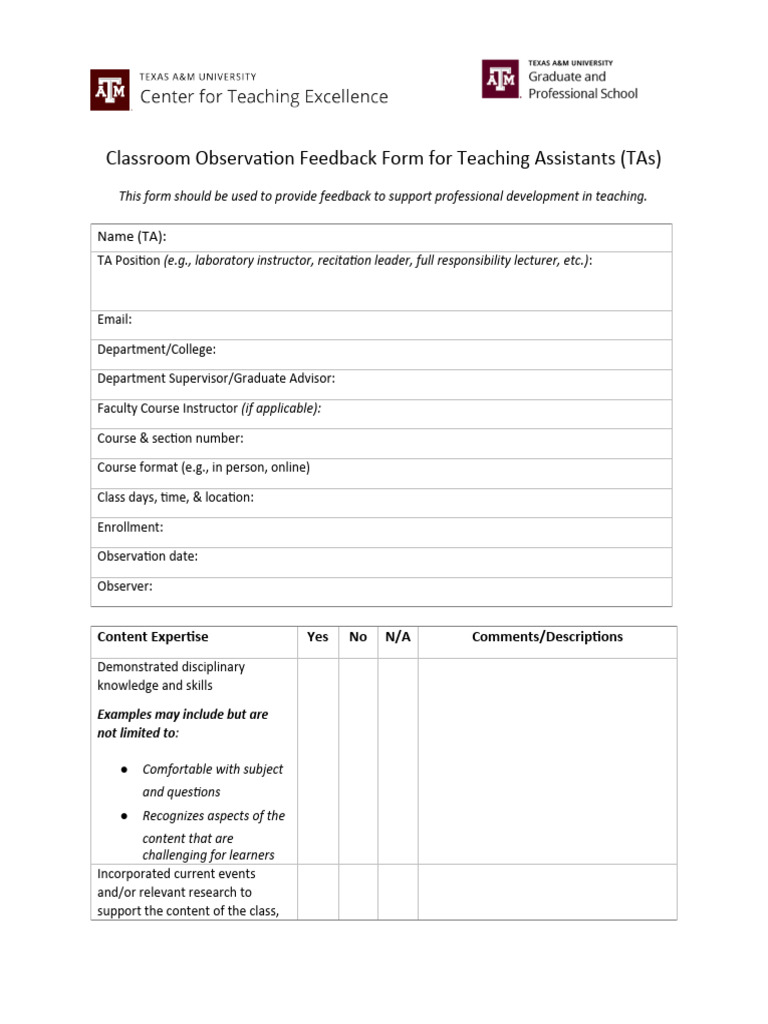 Teaching Assistant Class Observation Feedback Report Form | PDF ...