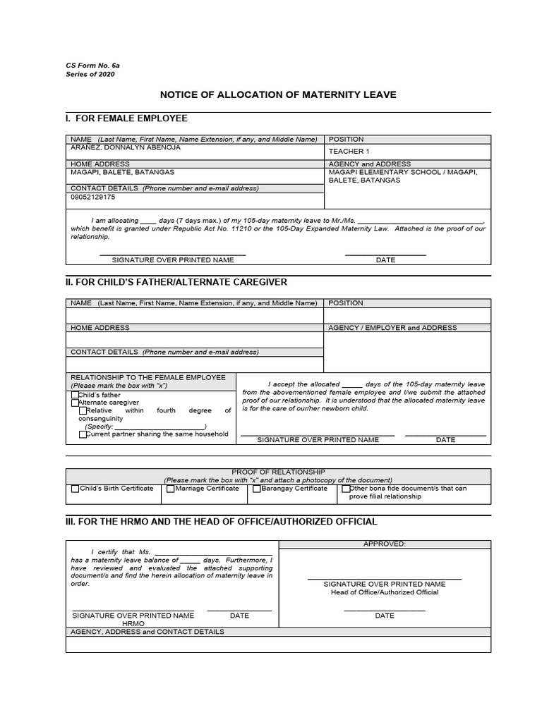 CS Form No. 6a S. 2020 Notice of Allocation of Maternity Leave Fillable ...