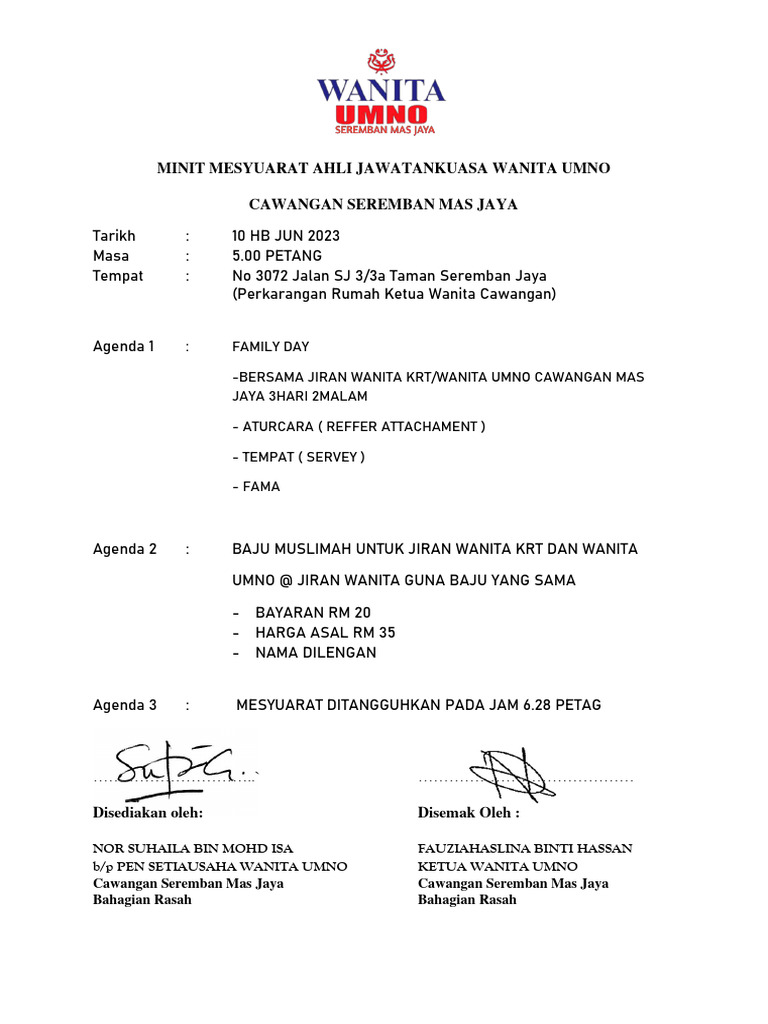 Minit Mesyuarat Ahli Jawatankuasa Wanita Umno Kali 1 | PDF