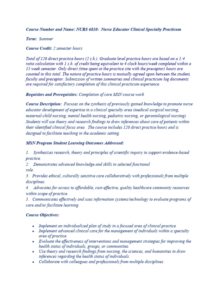 Nurse Educator Clinical Practicum | PDF