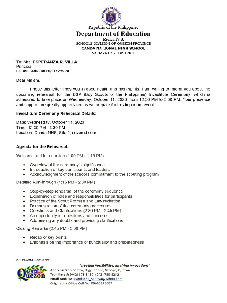 BSP Rehearsal Letter | PDF