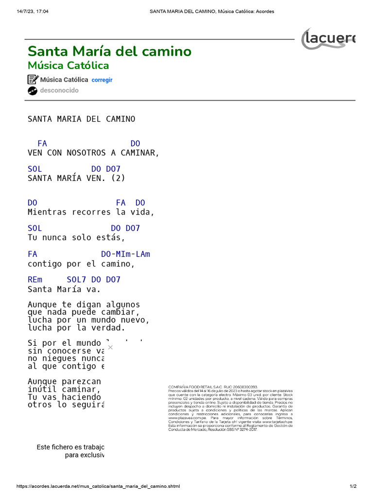 SANTA MARIA DEL CAMINO, Música Católica - Acordes | PDF