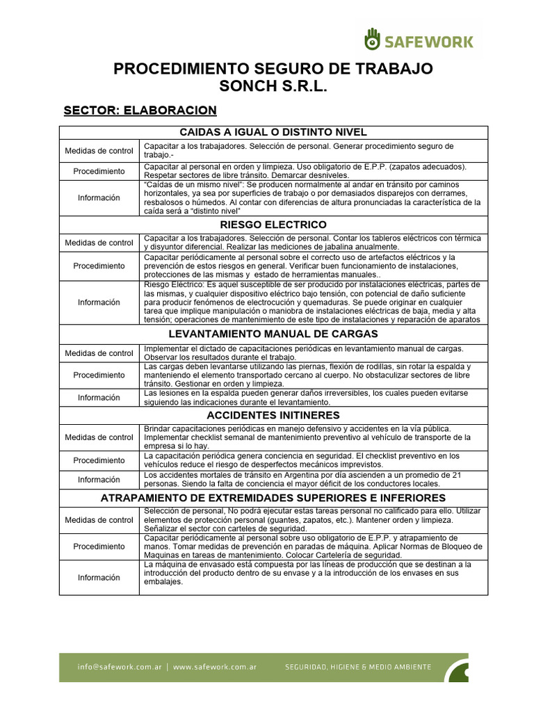 PROCEDIMIENTO SEGURO DE TRABAJO SONCH S.R.L. 2017 | PDF