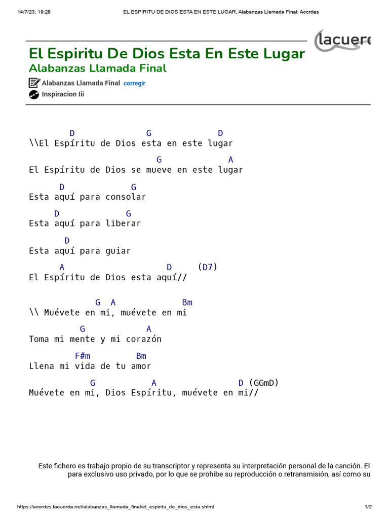 EL ESPIRITU DE DIOS ESTA EN ESTE LUGAR, Alabanzas Llamada Final ...