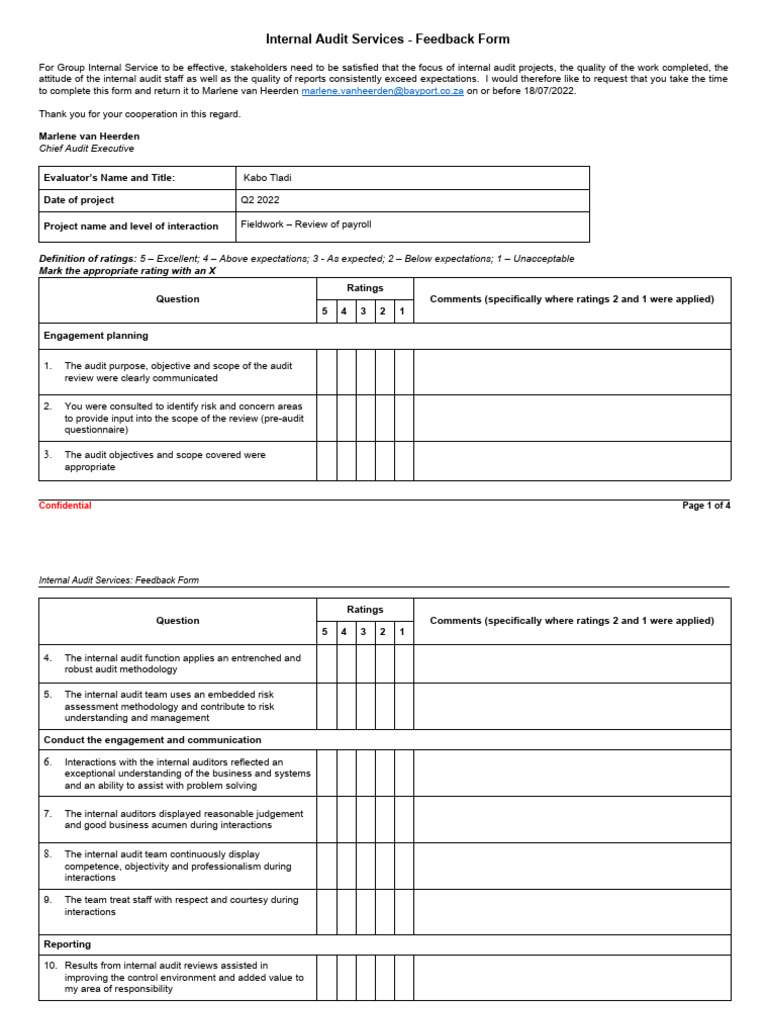 Internal Audit Customer Service Feedback Form | PDF