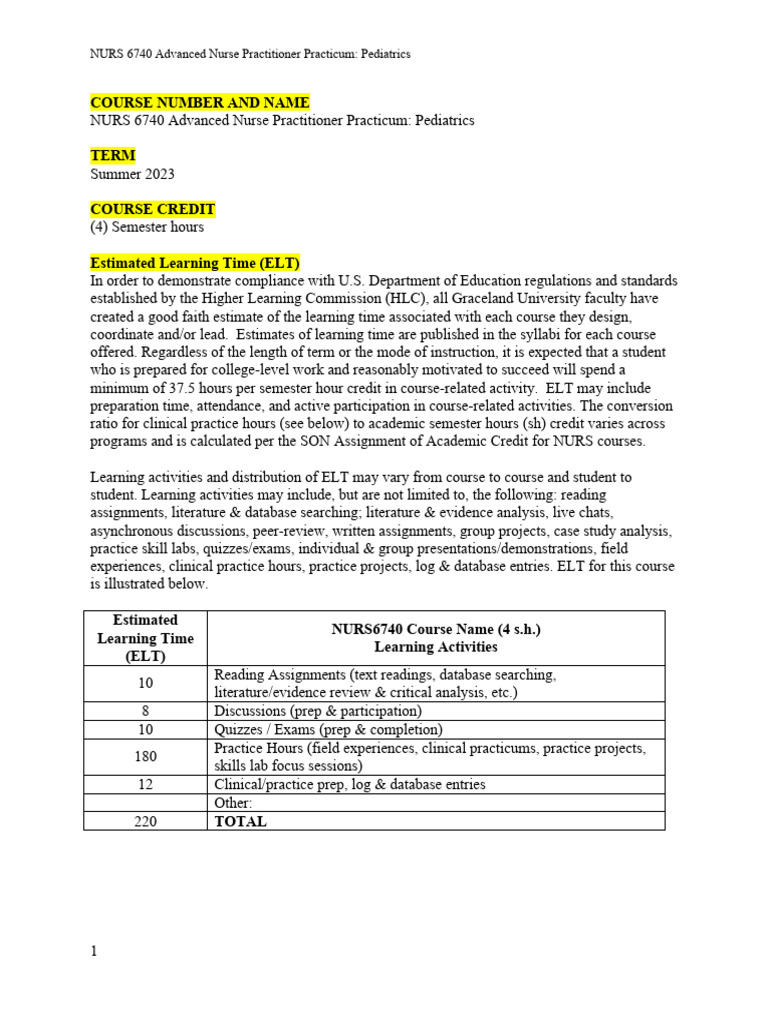 2023NURS6740 Peds Practicum Syllabus | PDF