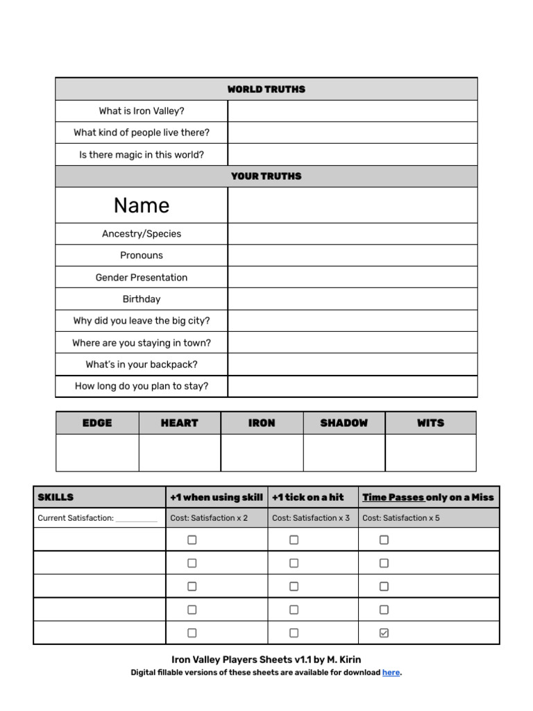 Iron Valley Player Sheets | PDF