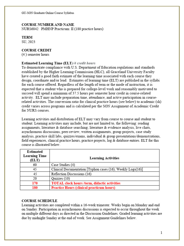 NURS6842 PMHNP Practicum II Sylabus FA23 | PDF