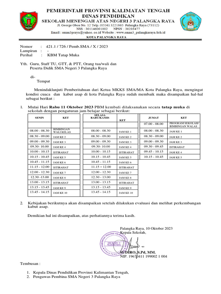 Surat Edaran Kabut Asap SMAN 3 | PDF