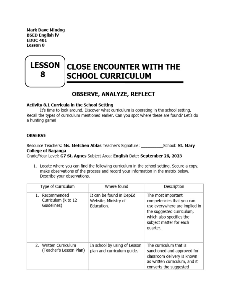 Lesson 8 EDUC 401 Mark Dave Mindog | PDF
