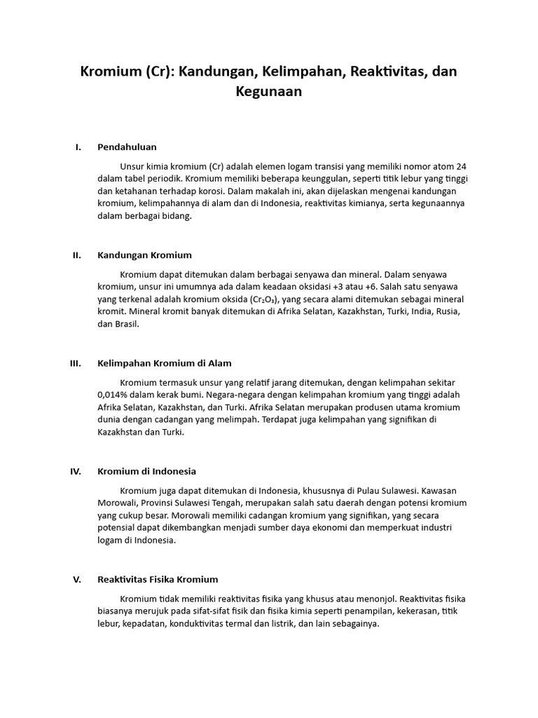 Kromium (CR) : Kandungan, Kelimpahan, Reaktivitas, Dan Kegunaan | PDF
