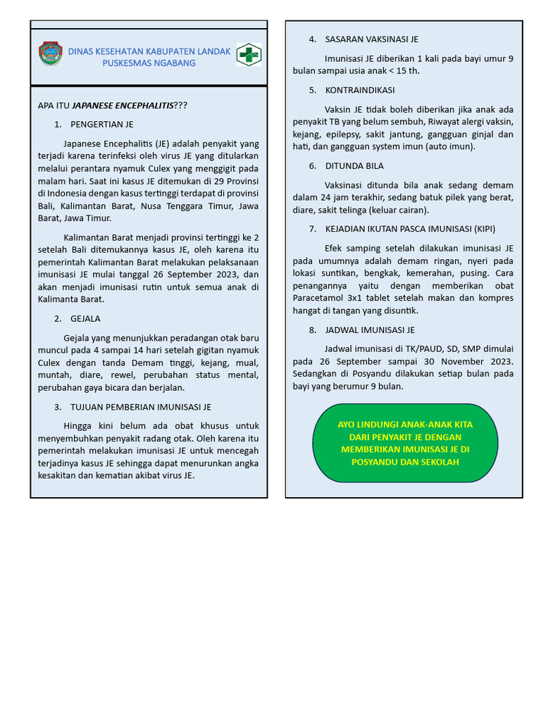 Leflet Imunisasi JE | PDF | Pengembangan Diri | Kesehatan Holistik