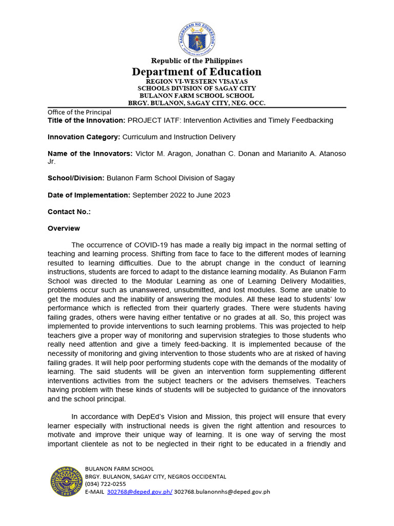 Project IATF: Timely Student Interventions | PDF | Learning | Teachers