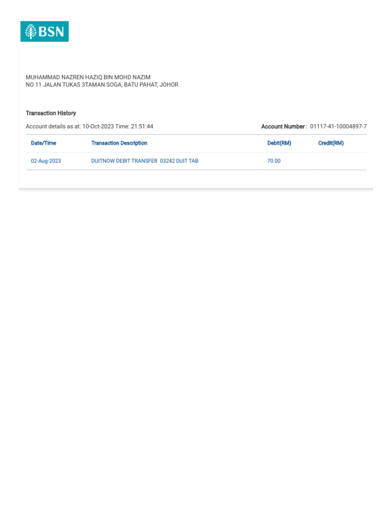 myBSN - Transaction History - Bank Simpanan Nasional | PDF