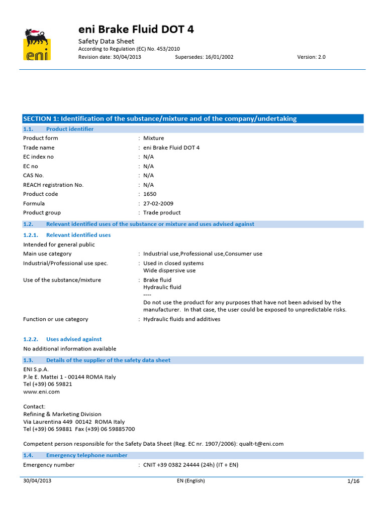 Eni Brake Fluid DOT 4 | PDF | Firefighting | Combustion