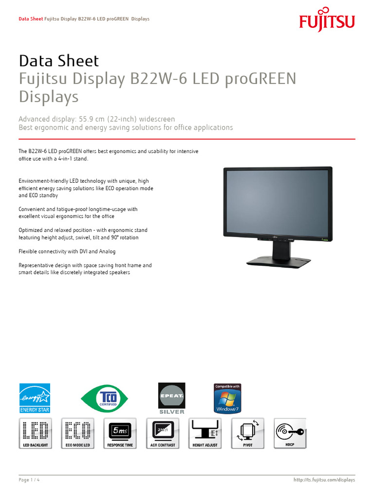 Fujitsu Display B22W-6 Led Progreen Displays: Data Sheet | PDF