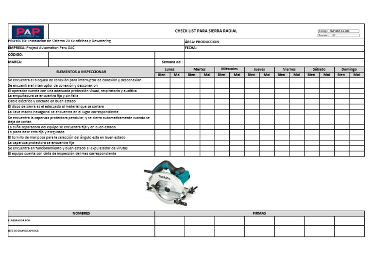 PAP-SST-CL-003 - Check List - Sierra Circular | PDF