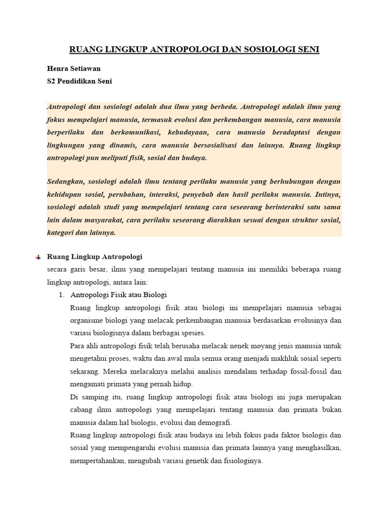 Henra Setiawan - Tugas Ruang Lingkup Antropologi Dan Sosiologi Seni | PDF