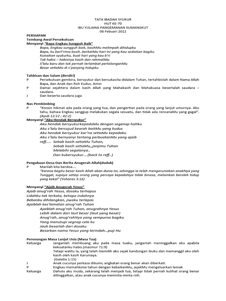 TATA IBADAH SYUKUR Ultah Mama PDT Meity | PDF