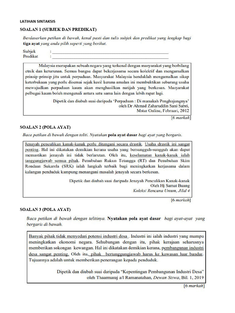Latihan Sintaksis Subjek Pola | PDF