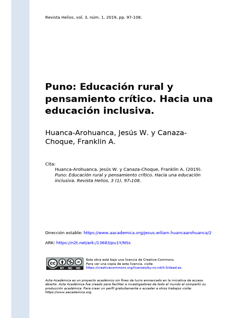 Huanca-Arohuanca, Jesús W. y Canaza (... ) (2019) - Puno Educación Rural y Pensamiento Crítico ...