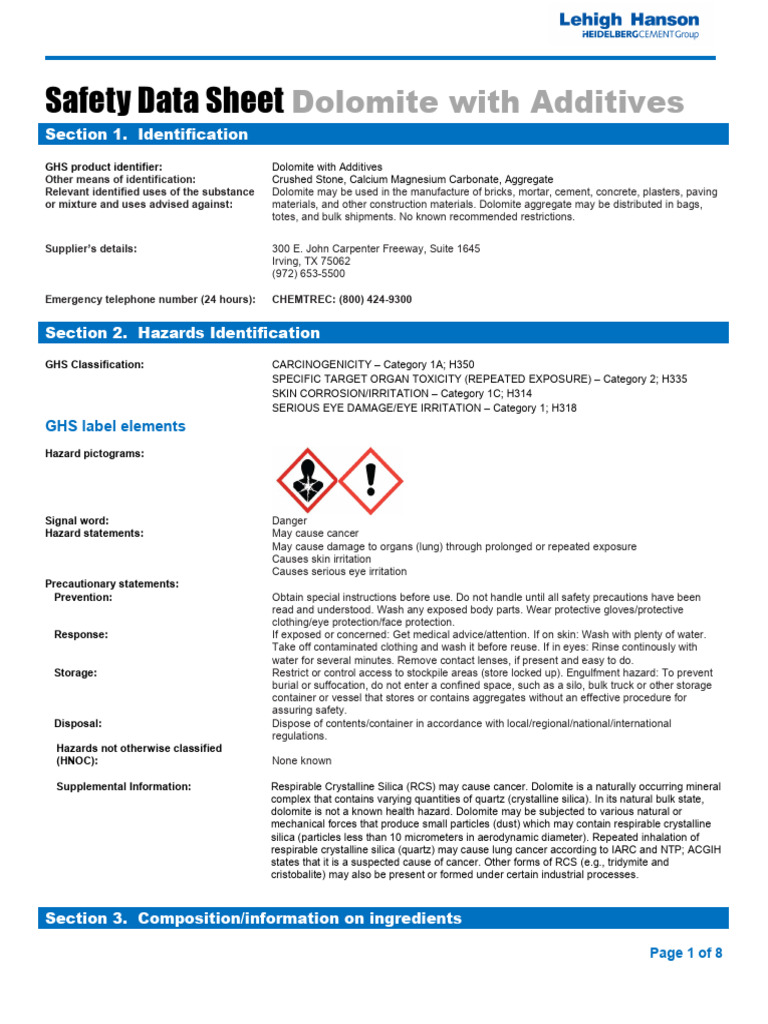 Safety Data Sheet - Dolomite | PDF